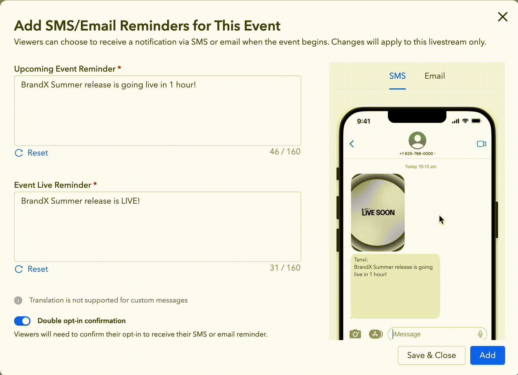 SMS/Email Reminder for a Livestream